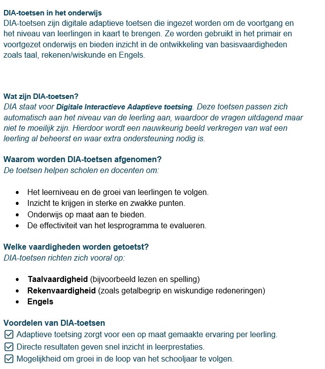 In week 14 gaan er Dia-volgtoetsen plaatsvinden voor